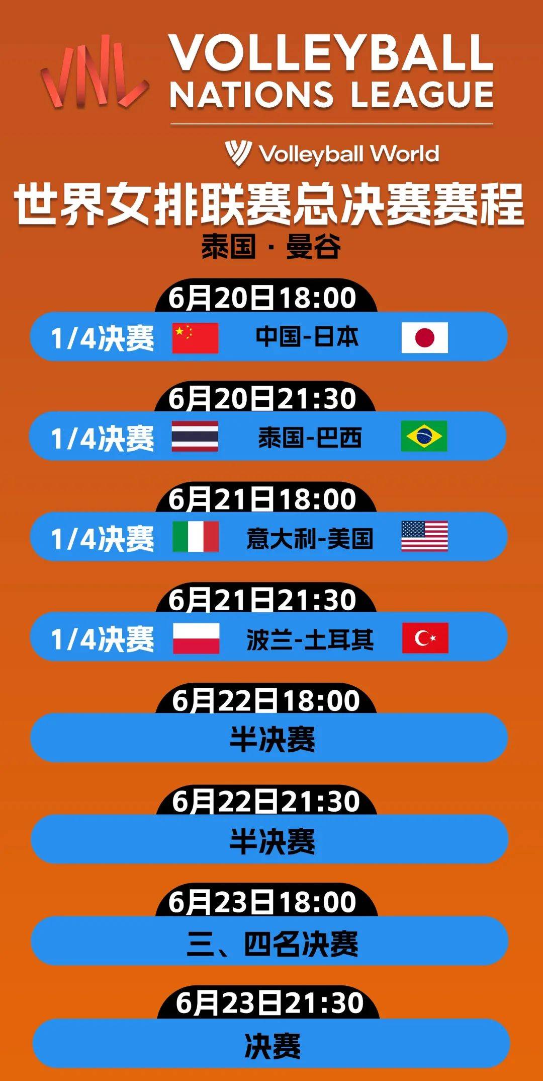【值得收藏】2024世界女排联赛总决赛比赛直播预告，央视CCTV5+直播_vs_四分之一决赛_上半区