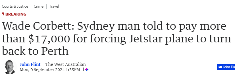 澳洲客机被迫返航，150多名乘客滞留，罪魁祸首遭罚$8630_珀斯_Corbett_行为