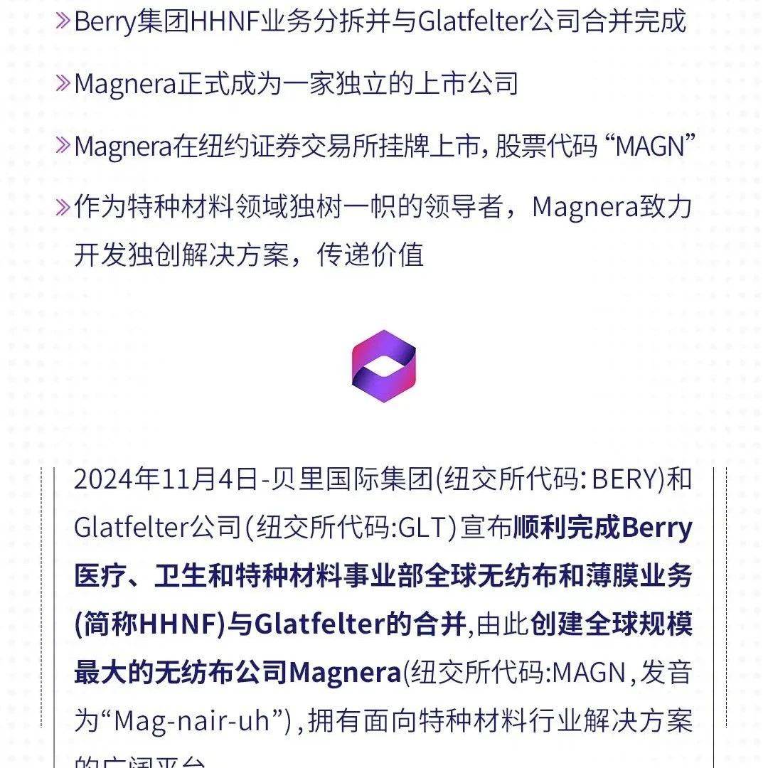Berry集团HHNF业务分拆并与Glatfelter公司合并完成，Magnera正式成为独立上市公司_纺织品