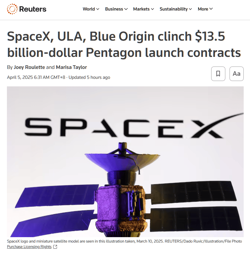 美太空军135亿美元大单，SpaceX、蓝色起源、ULA三家分食_发射_合同_火箭